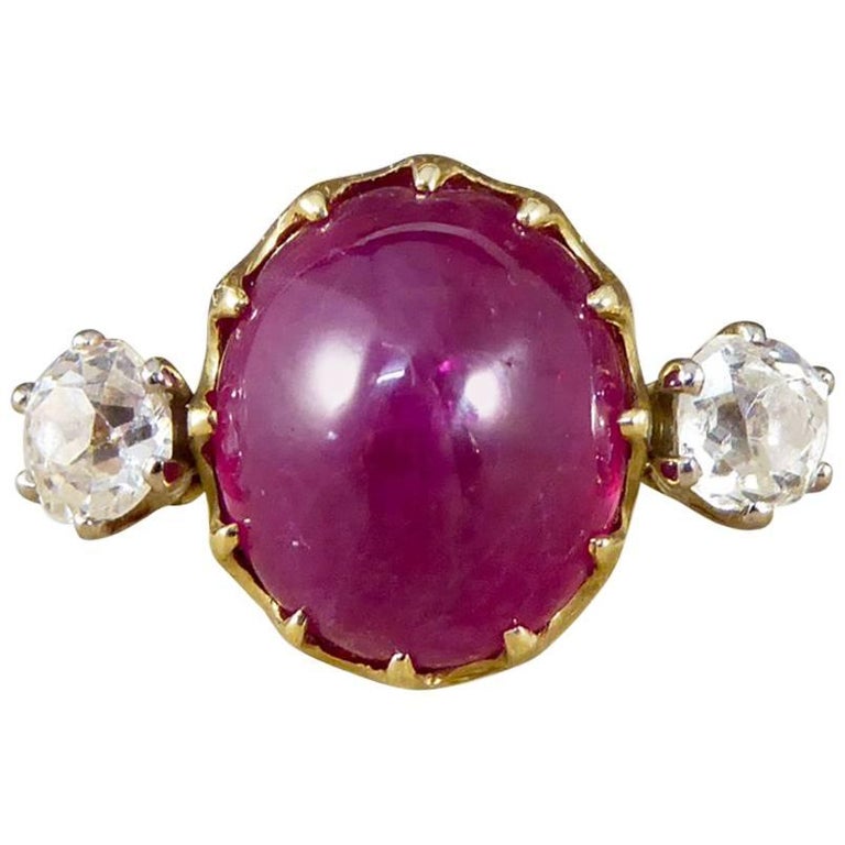 Cabochon Ruby and Diamond Three-Stone 18 Carat Yellow Gold Ring at ...