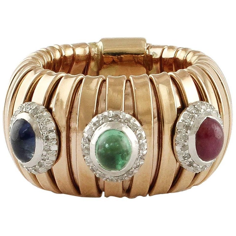 Diamonds Blue Sapphire Ruby Emerald Rose Gold Band Ring at 1stDibs ...