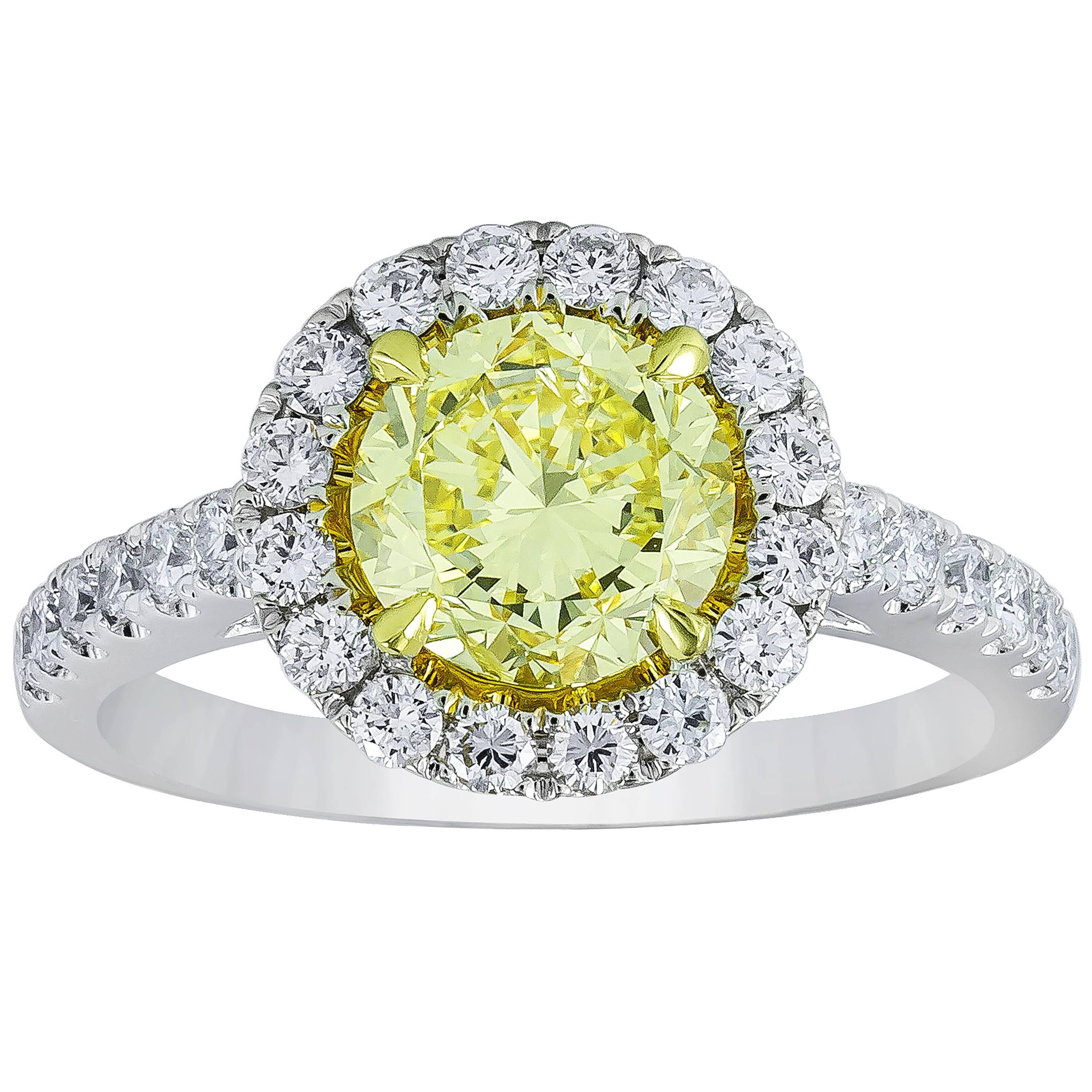GIA Certified Intense Yellow Round Diamond Halo Engagement Ring For ...