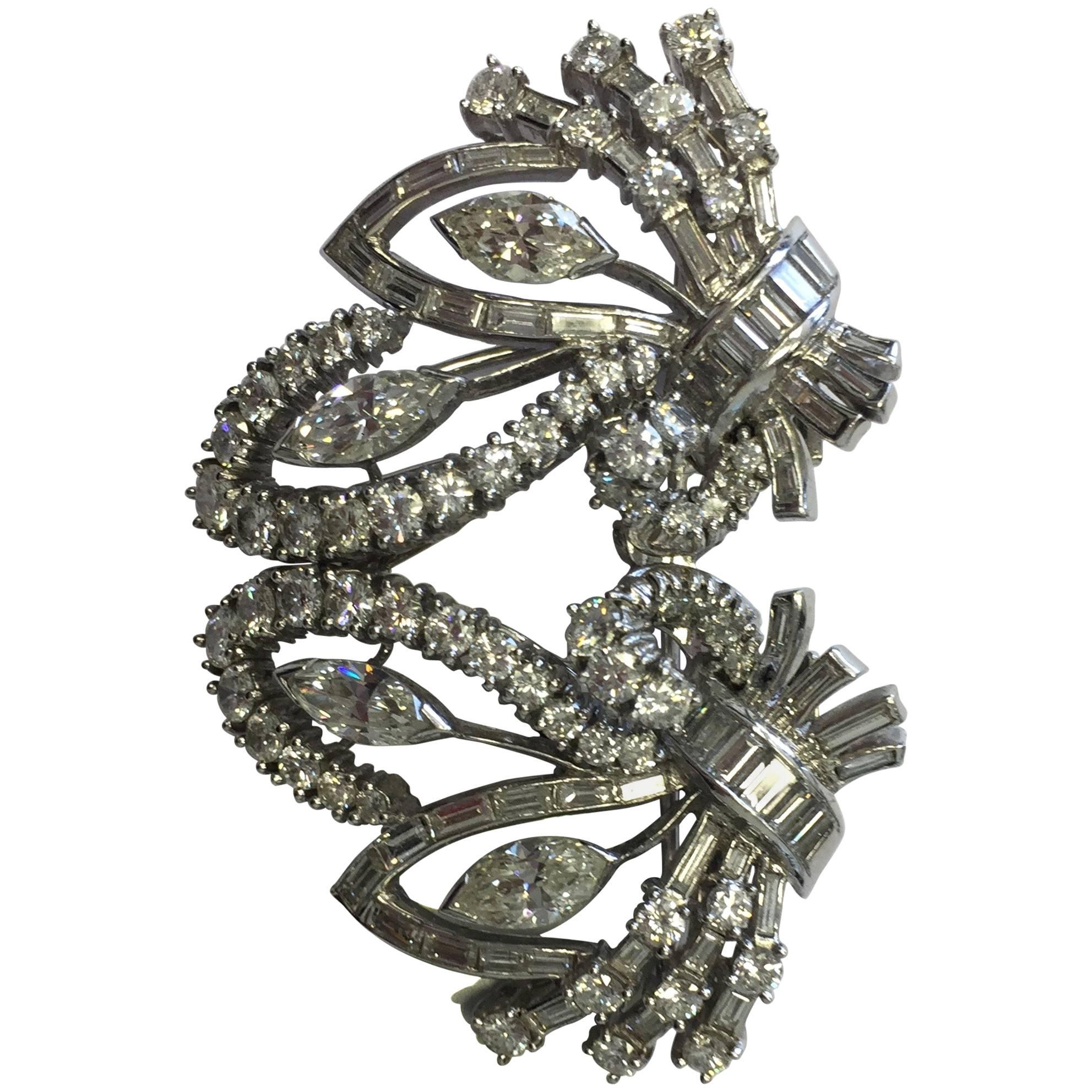 Estate Platinum Large Diamond Brooch For Sale at 1stDibs