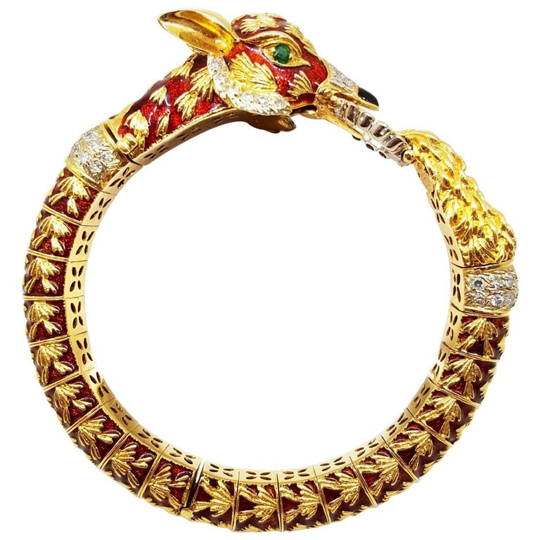 Yellow Gold Diamond Enamel Fox Bracelet at 1stDibs