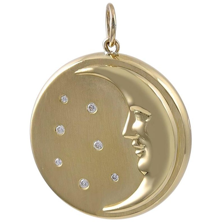 Heavy Diamond Gold Moon Pendant For Sale at 1stdibs
