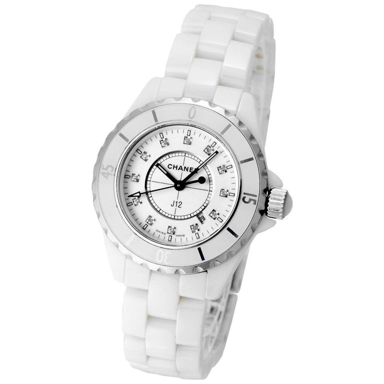 Chanel Ladies White Ceramic Diamond J12 Quartz Wristwatch at 1stDibs