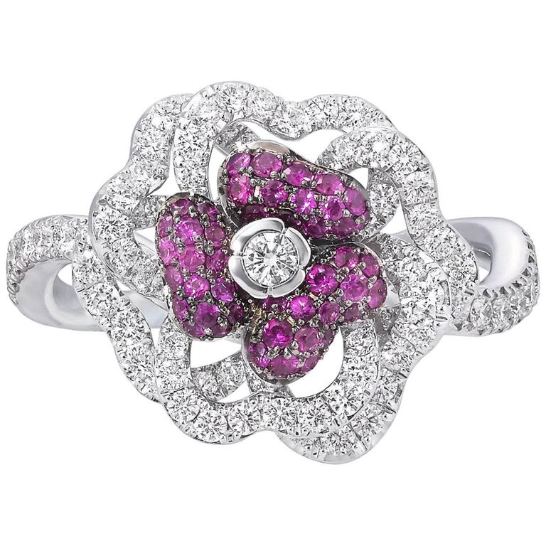 Ruby and Diamonds, White Gold Flower Ring at 1stDibs