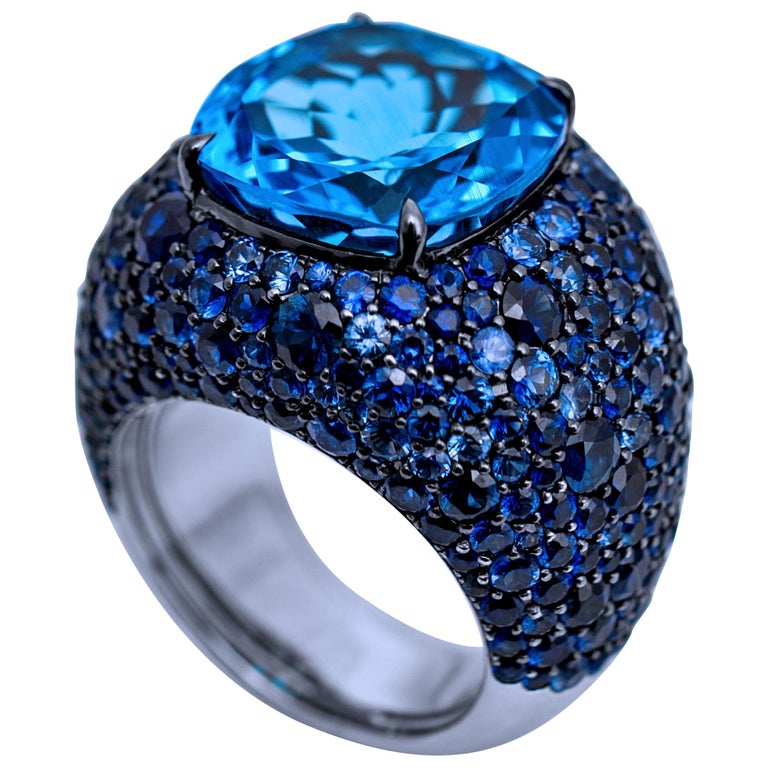 London Blue Topaz Large Cushion Ring with Diamond Sides For Sale at 1stdibs
