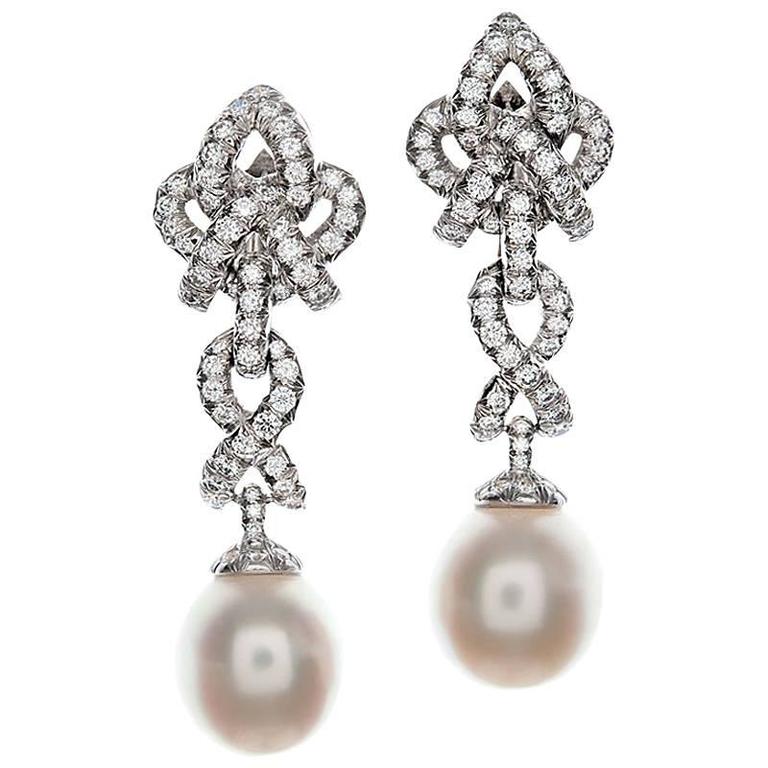HENRY DUNAY Pearl, Diamond and Platinum Dangle Earrings For Sale at 1stDibs
