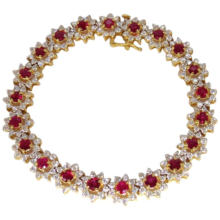 7.28 Carat Red Natural Ruby Diamonds Flower Cluster Tennis Bracelet 18 ...
