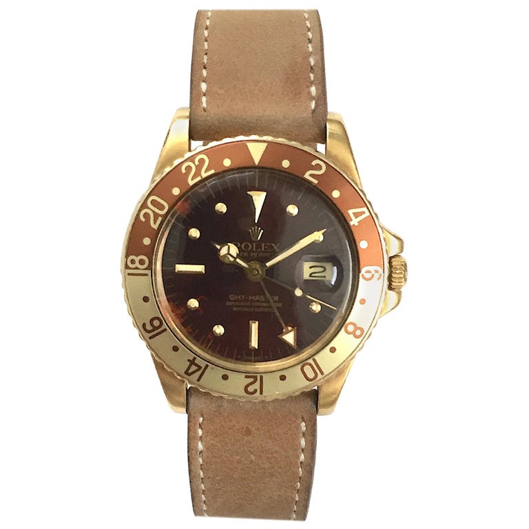 Rolex 18K Yellow Gold GMT Master Root Beer Watch, 1970s at 1stdibs