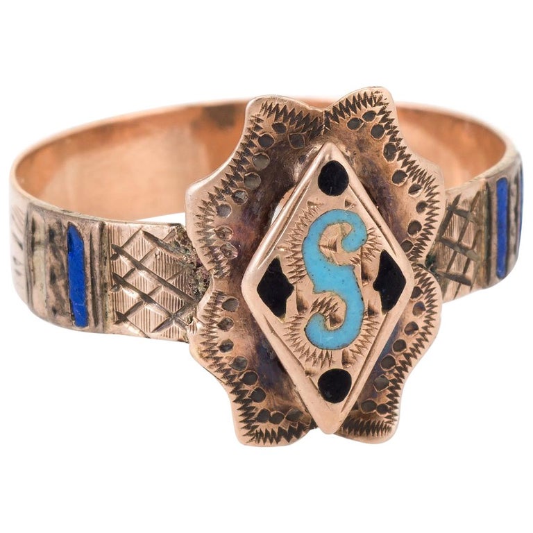 Antique Victorian Letter S Enamel Initial Ring Vintage 10 Karat Gold ...
