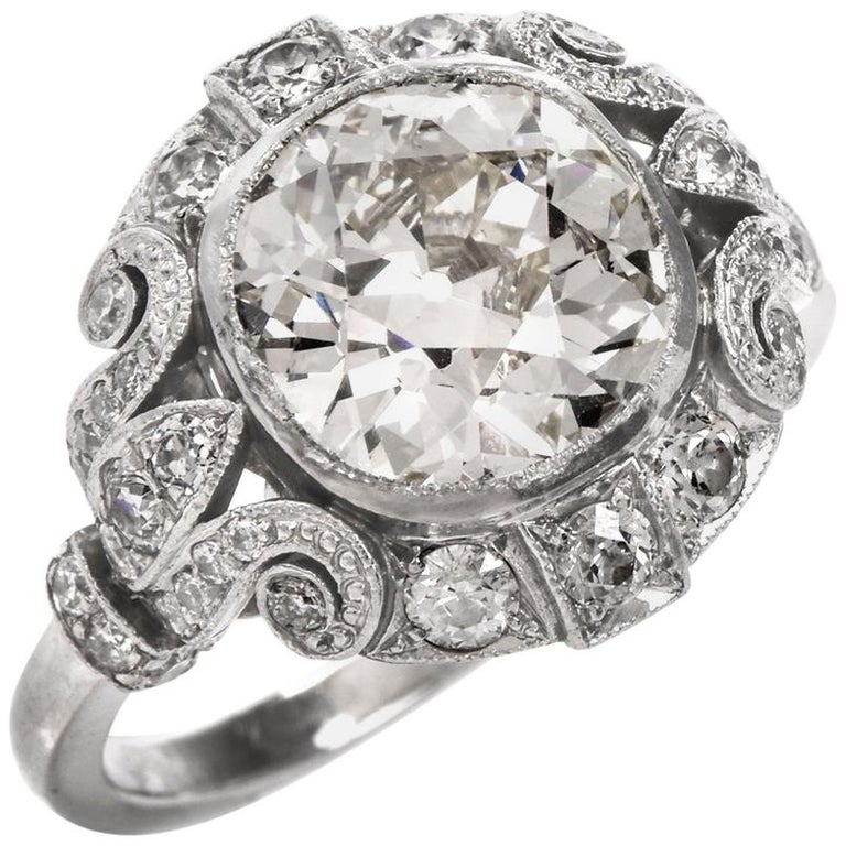 Antique 3.98 Carat Diamond Platinum Filigree Engagement Ring at 1stdibs