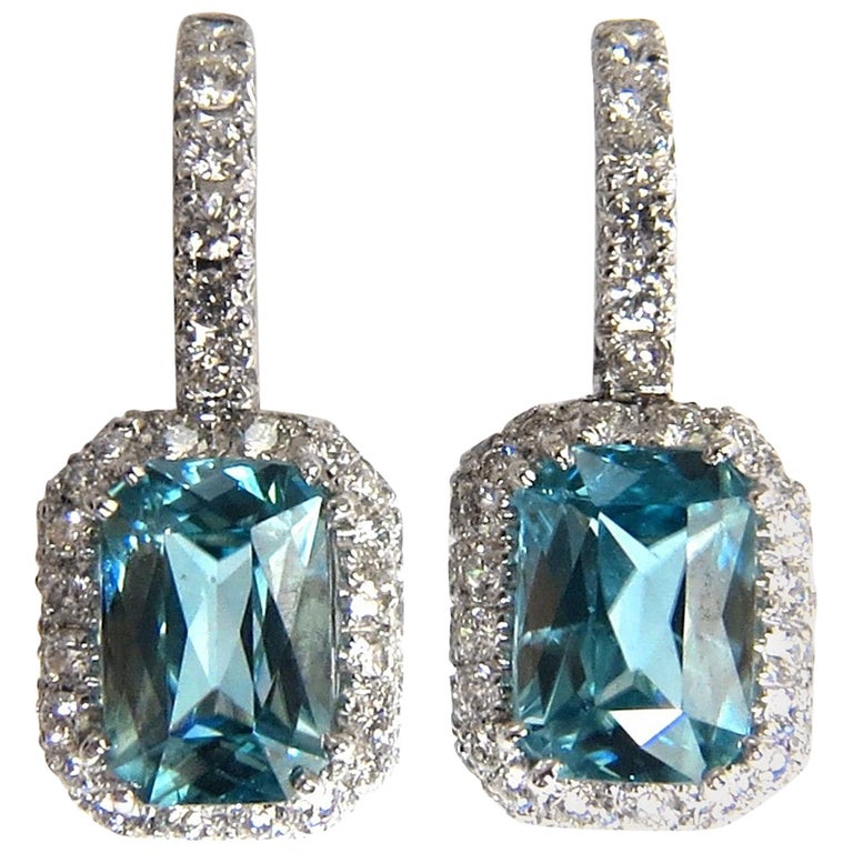Natural Blue Zircon Diamond Gold Earrings at 1stdibs
