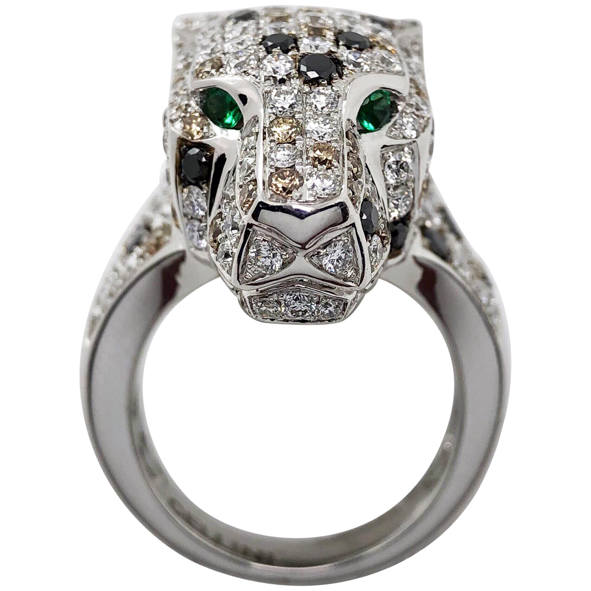 18 Karat Rose Gold Pave Diamond Panther Ring with Emerald Eyes at 1stDibs
