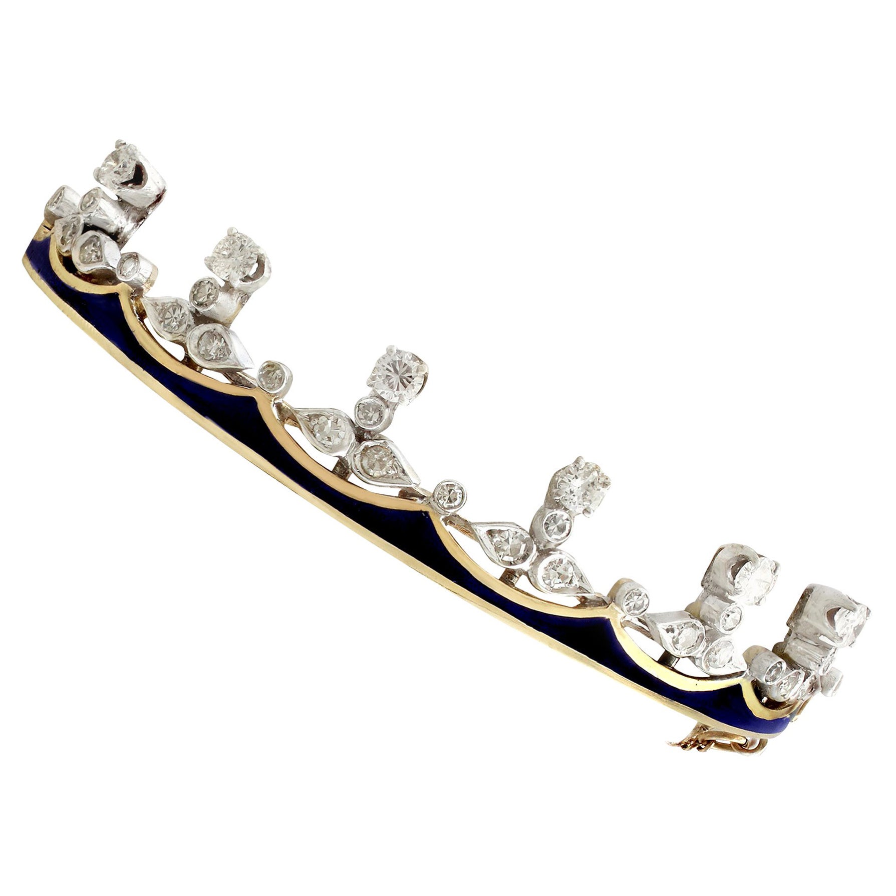 1930s Antique 1.62 Carat Diamond and Enamel Yellow Gold Crown Bangle ...