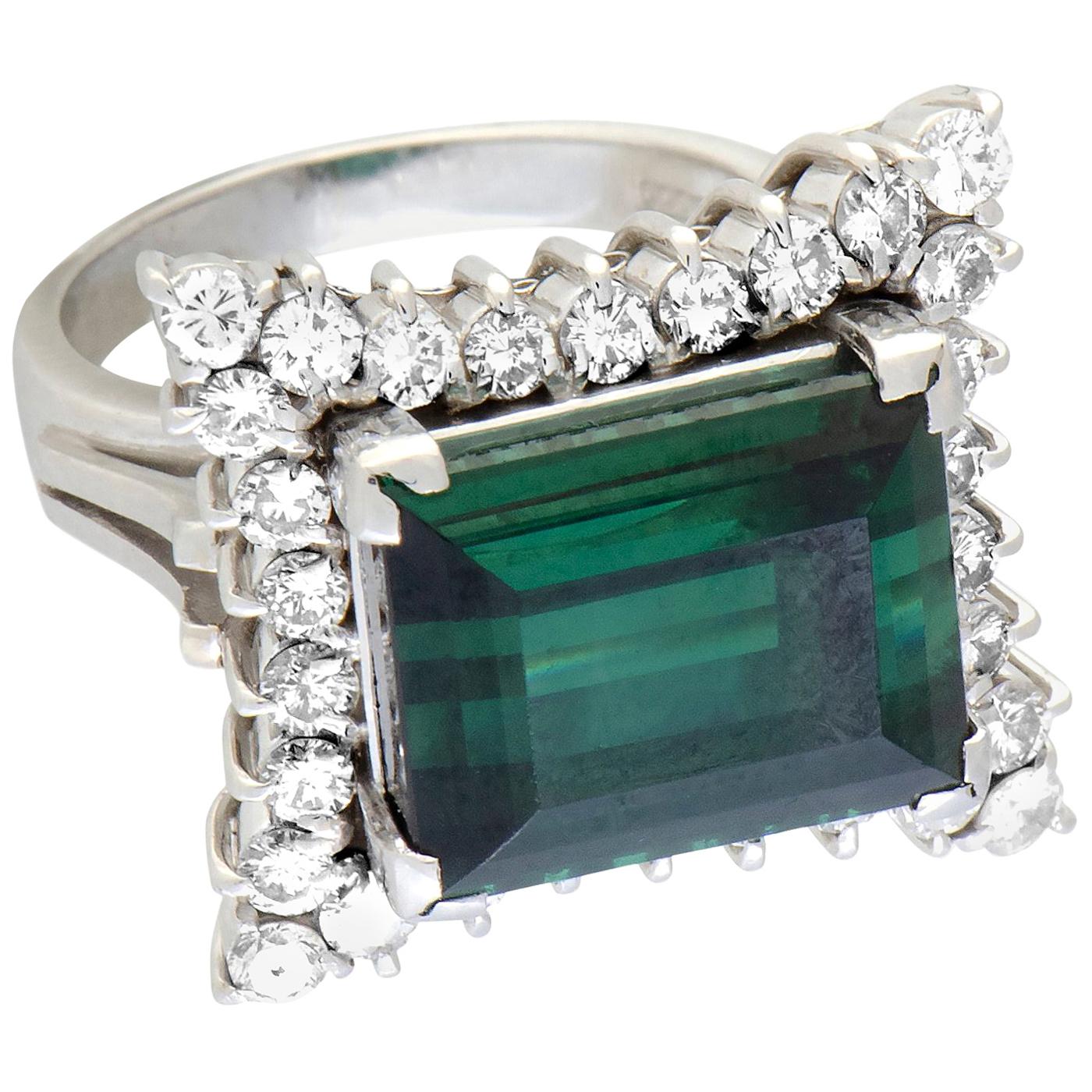 Diamond and Green Tourmaline Platinum Rectangle Ring at 1stDibs