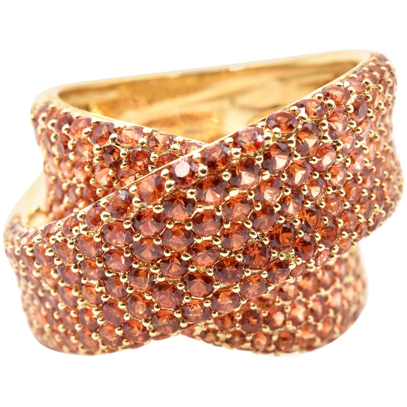 5.54 Carat Orange Sapphire 14 Karat Yellow Gold Cross over Ring at 1stDibs