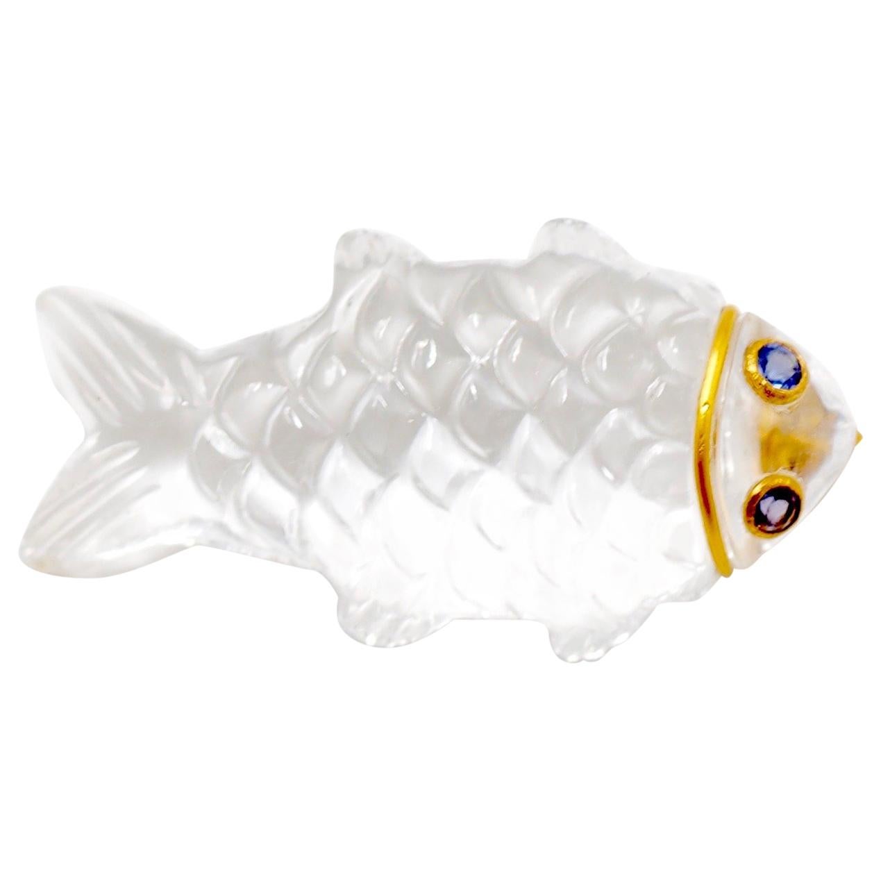 Hand Carved Rock Crystal Quartz Tanzanite Fish 22 Karat Gold Pendant at ...