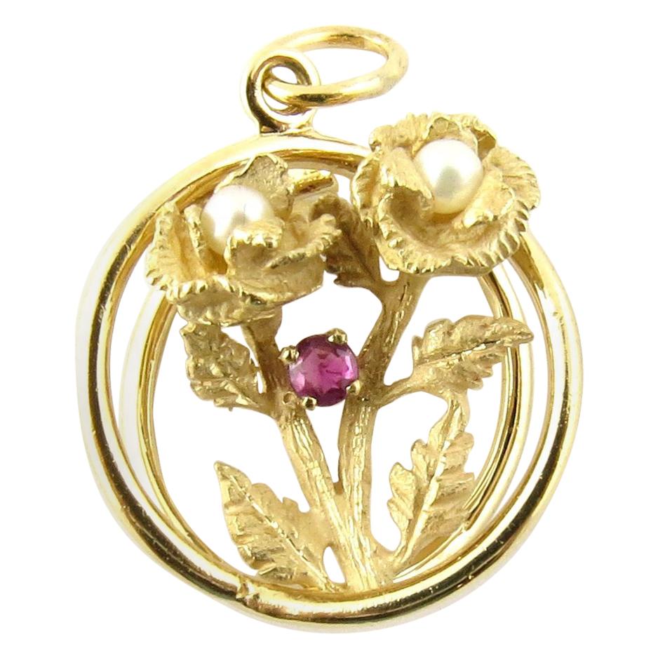 14 Karat Yellow Gold, Pearl and Genuine Ruby Rose Pendant at 1stDibs