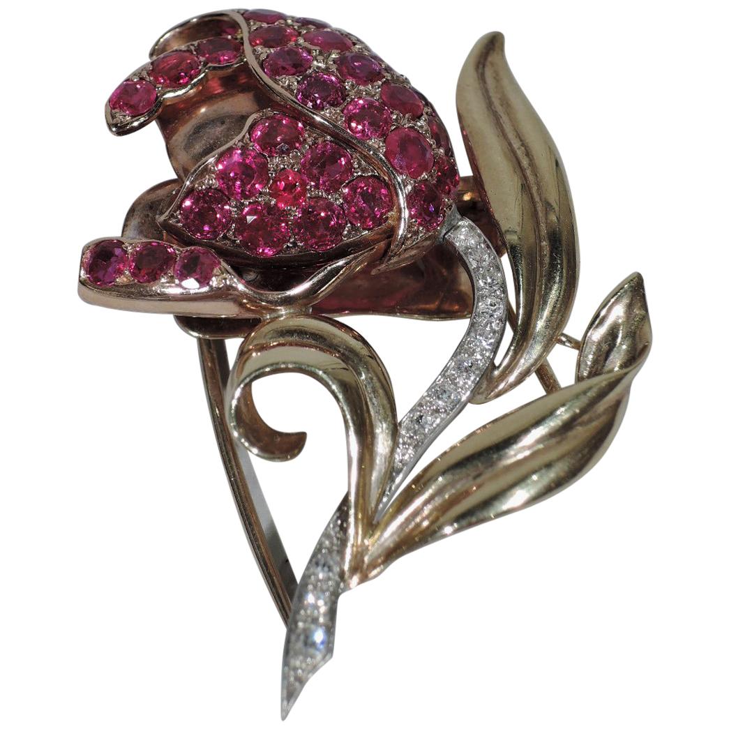 Antique Retro 14 Karat Gold Ruby Heart and Key Brooch For Sale at 1stDibs