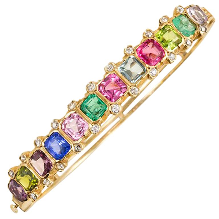 Exquisite Retro Multi Gem Hinged Gold Bangle Bracelet at 1stDibs