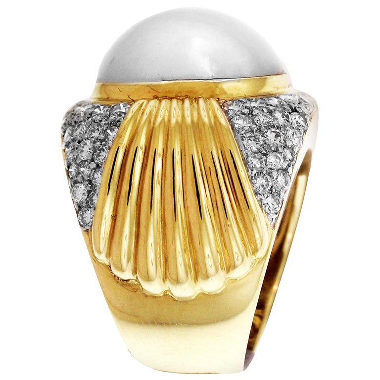 Button Pearl and Diamond Yellow Gold Ring at 1stDibs