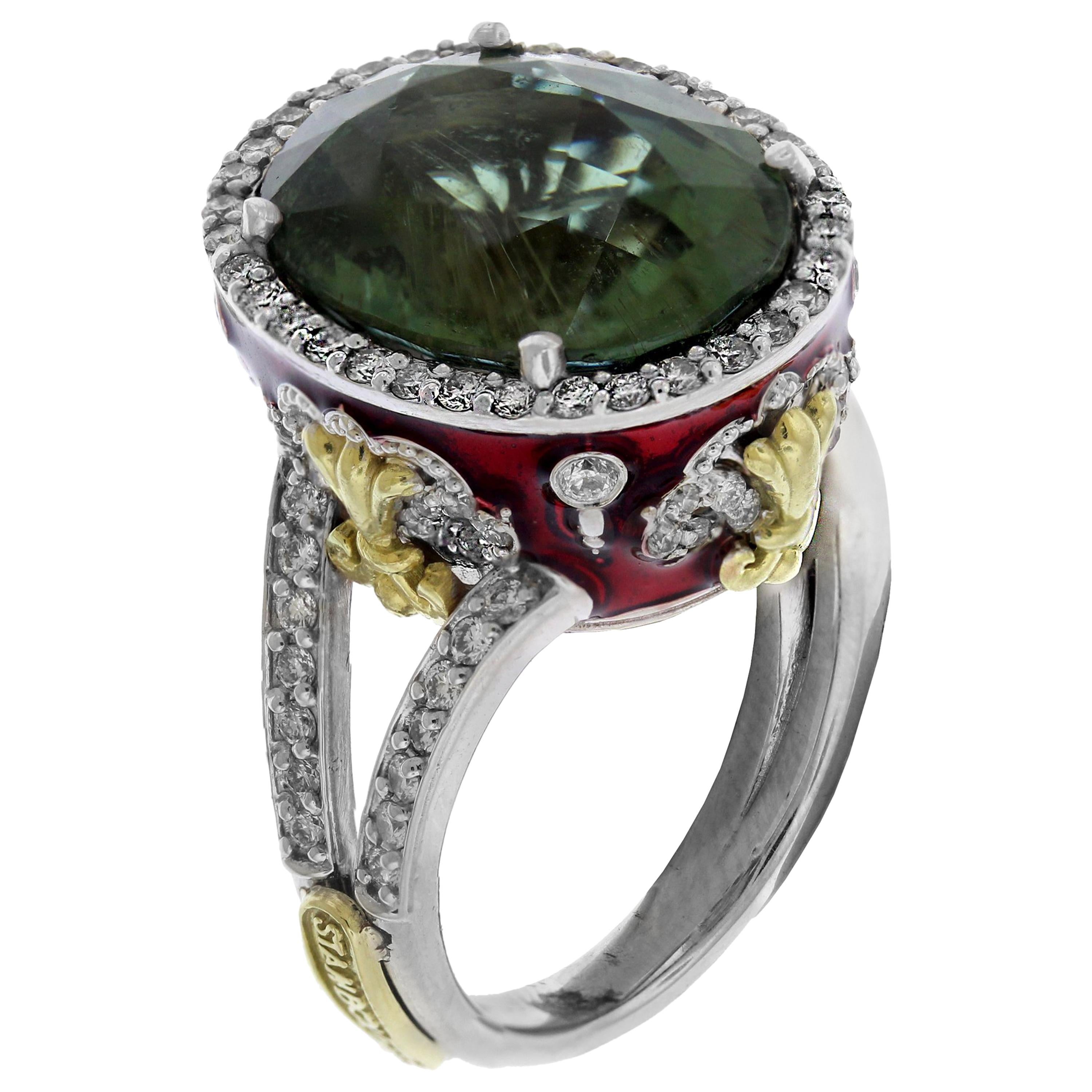 Tourmaline Ring Copper Bearing with Diamonds and Enamel White Gold ...
