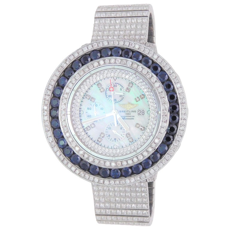 Custom Stainless 45 Carat Diamond and Sapphire Breitling Super Avenger ...