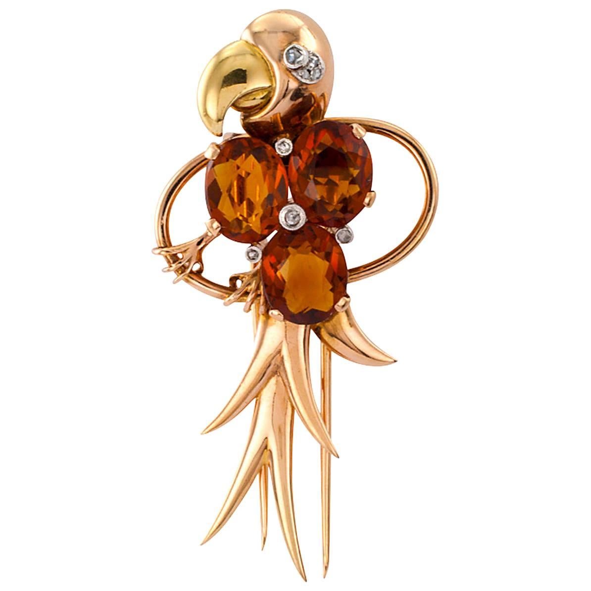 Retro Citrine Gold Parrot Brooch For Sale at 1stDibs