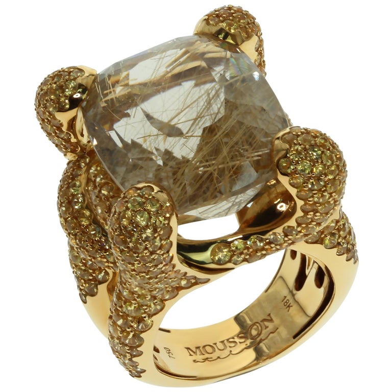 Rutile Quartz Yellow Sapphire 18 Karat Yellow Gold Cocktail Ring at 1stDibs