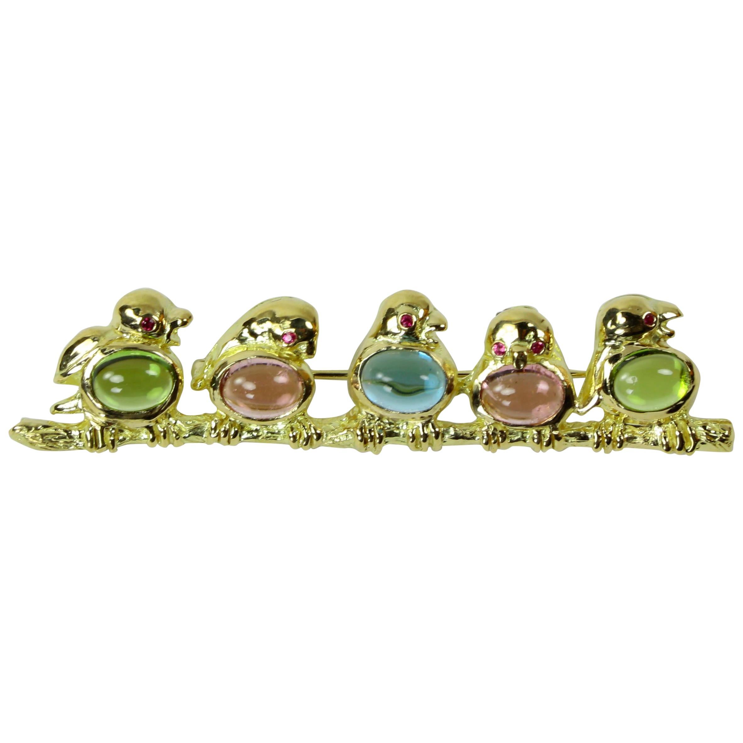 Birds Perched on a Branch Multi Gem Stones Gold Brooch Pin For Sale at ...