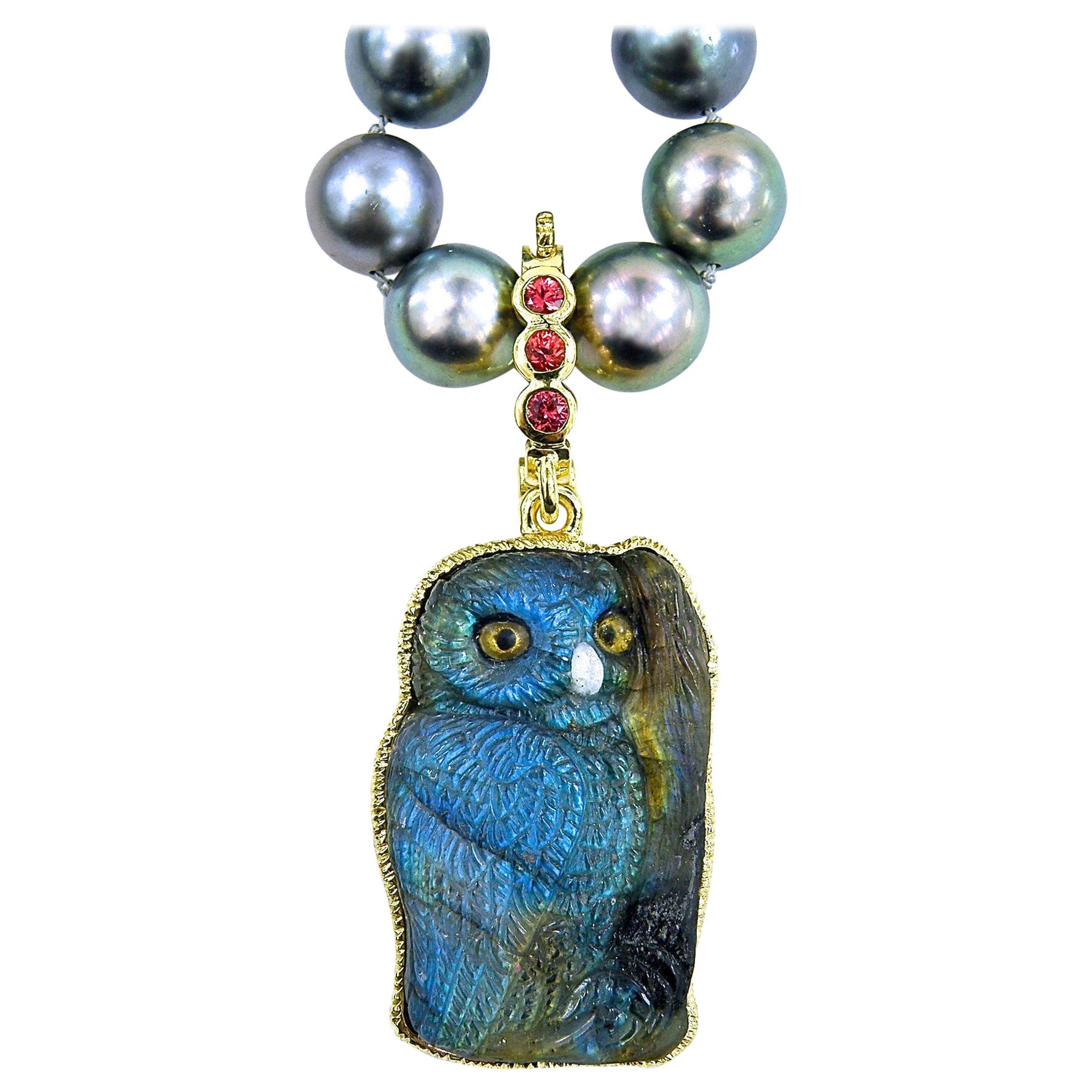 Moonstone Onyx Citrine Gold Owl Pendant at 1stDibs