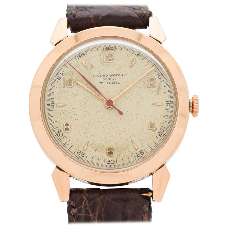 Vintage Record Watch Co. 18 Karat Rose Gold Case, 1950s For Sale at 1stDibs
