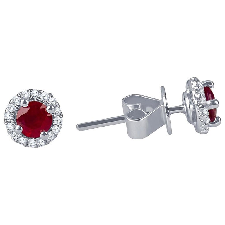 Round Natural Ruby Diamond Halo Stud Earrings For Sale at 1stDibs
