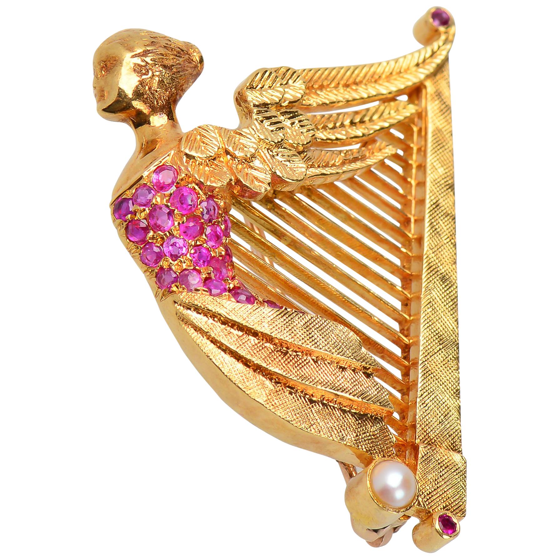 Vintage Winged Nike Ruby Harp Brooch or Pendant For Sale at 1stDibs