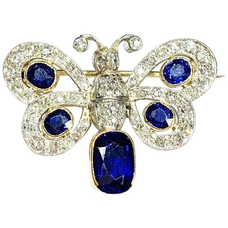 Platinum and 18 Karat Sapphire Butterfly Brooch at 1stDibs