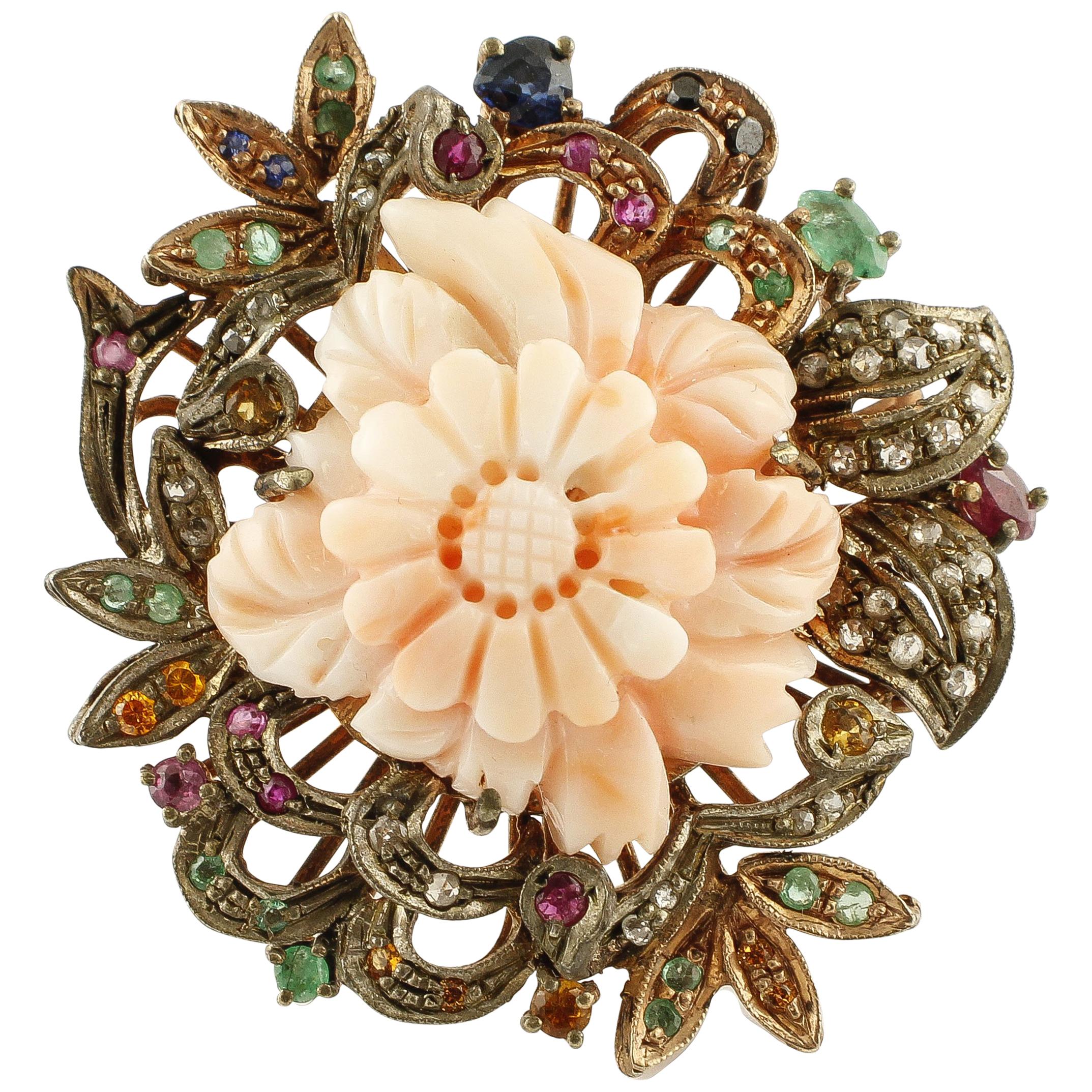 Sapphires Rubies Emeralds Pearls Rose Gold and Silver Cocktail Ring at ...