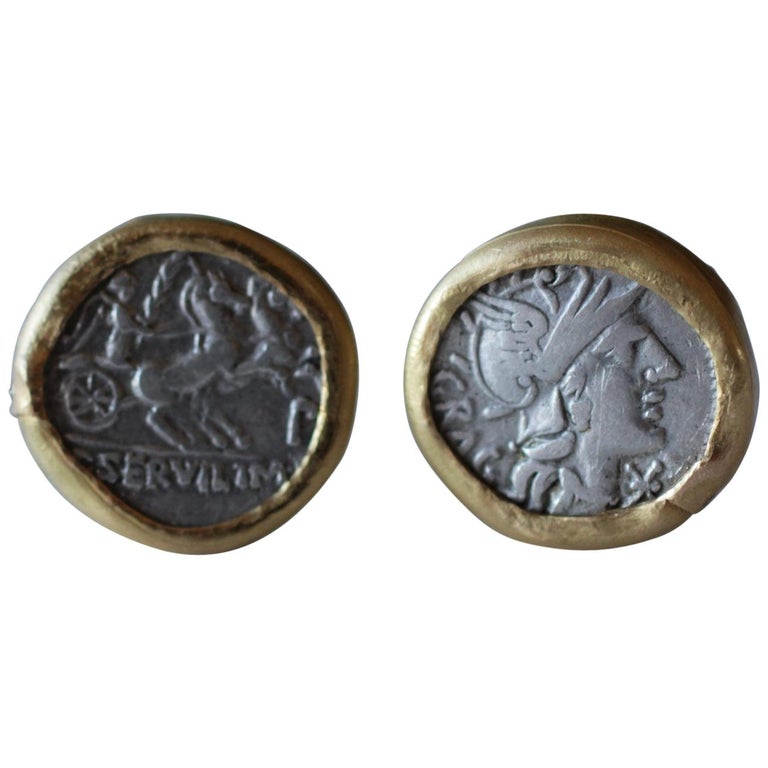Antique Silver Roman Coin 22-21 Karat Gold Cuff Links with Diamonds ...