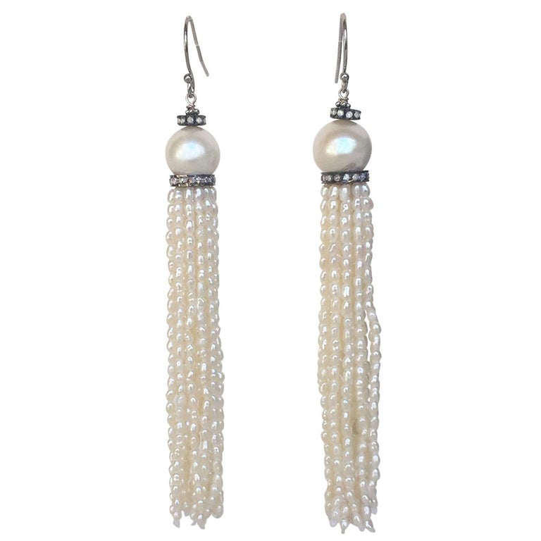 Marina J White Rice Pearl Tassel Earrings with Diamonds and 14 K White ...