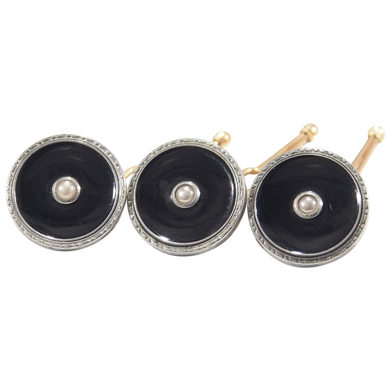 Krementz Tuxedo Buttons Sterling Silver Black Enamel Yellow Gold Filled ...