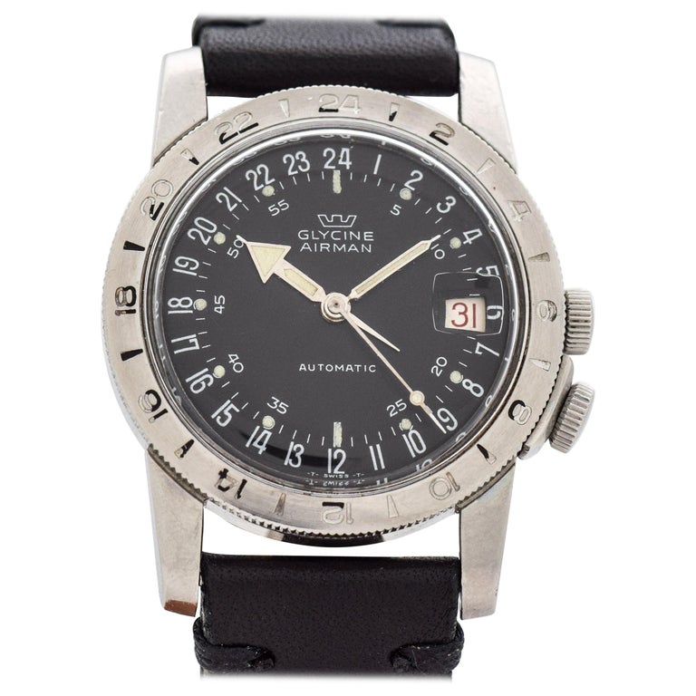 Vintage Glycine Airman Stainless Steel Pilot Watch, 1960s at 1stDibs