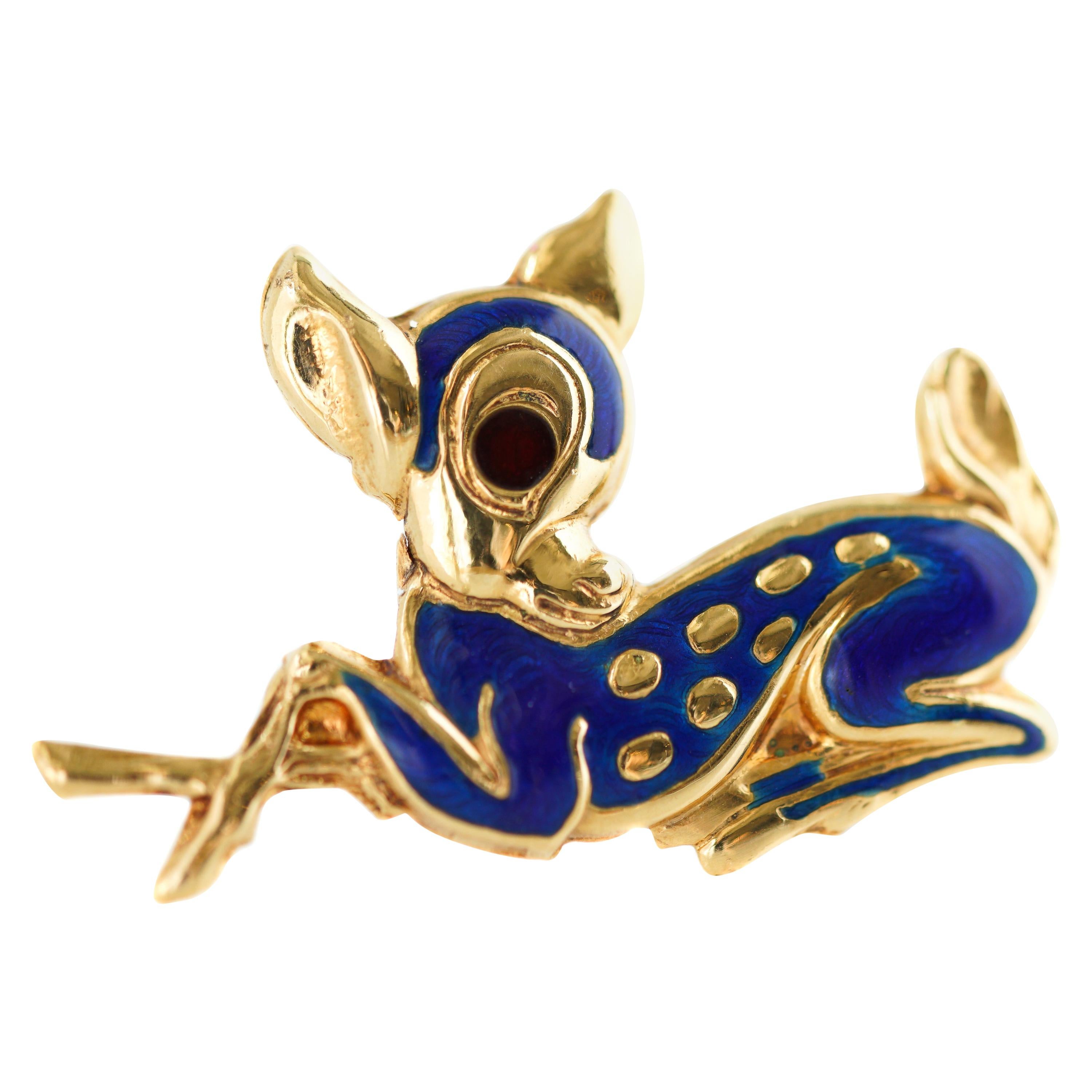 Blue Enamel and 18 Karat Yellow Gold Fawn Deer Brooch For Sale at 1stDibs