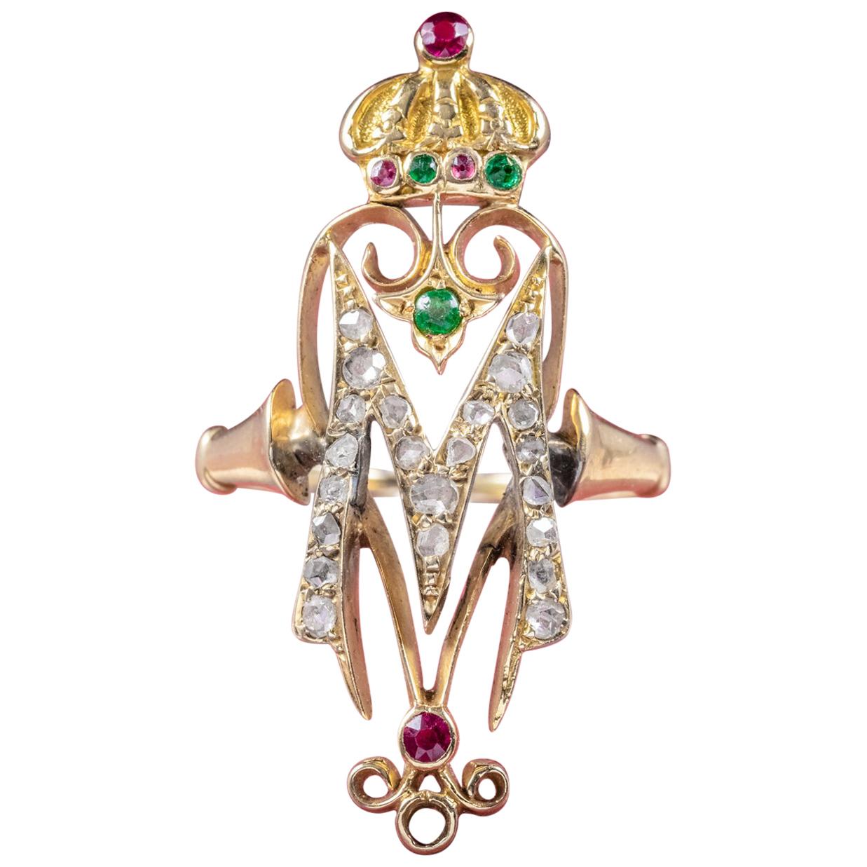 Antique Victorian Ruby Emerald Diamond Ring Initial M Ring, circa 1900 ...