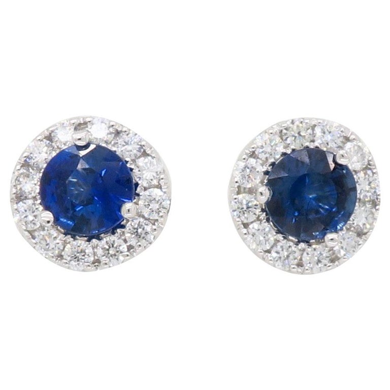 Blue Sapphire and Diamond Halo Stud Earrings at 1stDibs