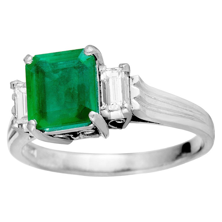 Diamond and Rectangle Emerald Platinum Ring at 1stDibs