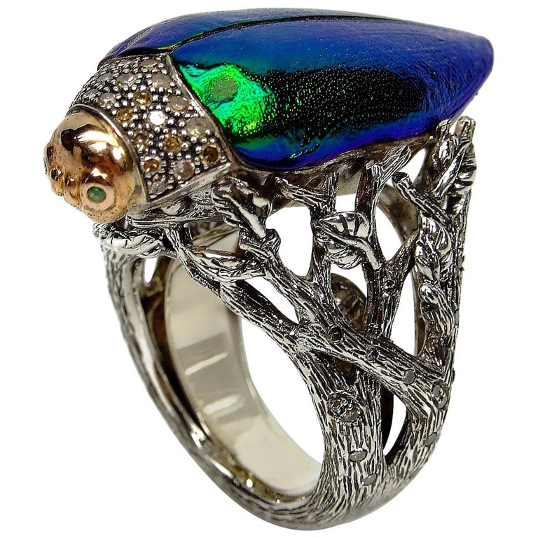 Sterling Silver 18k Rose Gold Diamond Scarab Ring For Sale at 1stDibs