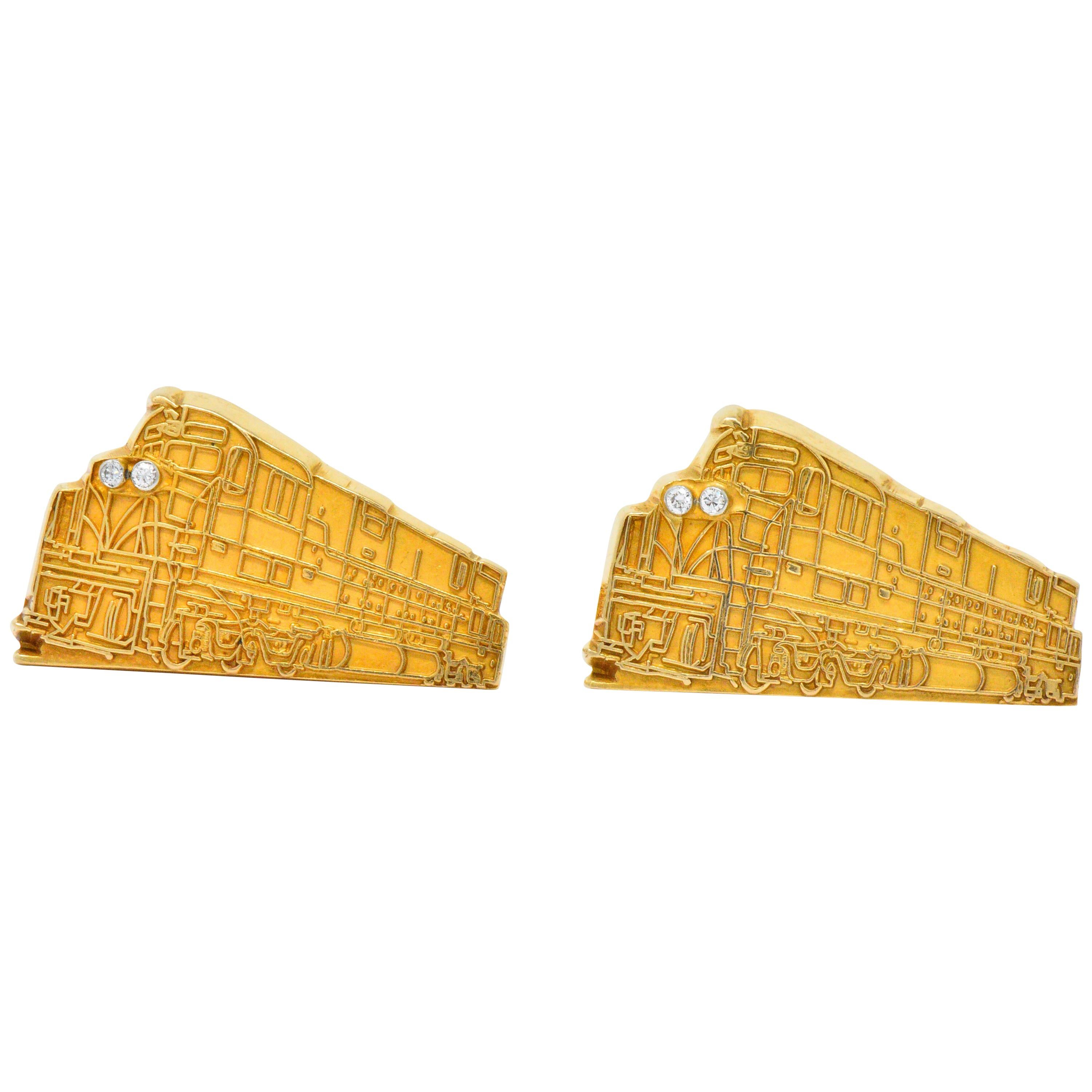 Cartier Retro Diamond 18 Karat Gold Locomotive Train Cufflinks at 1stDibs