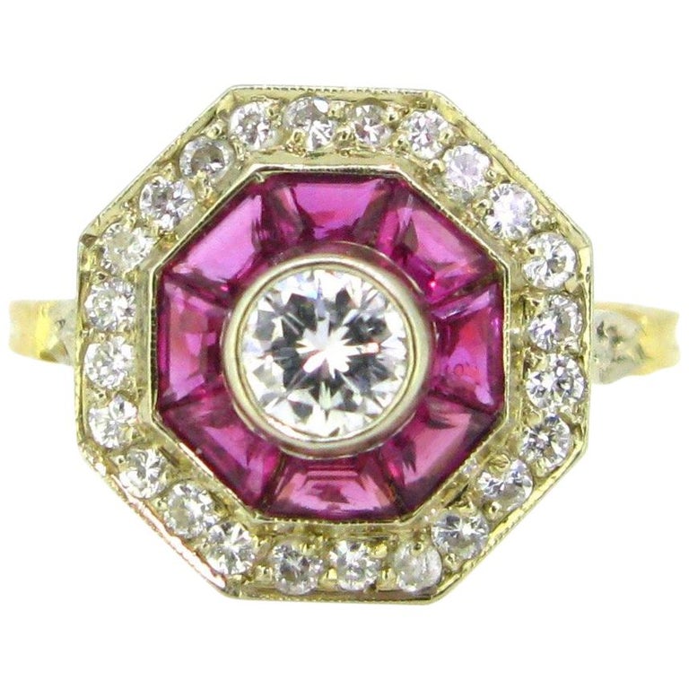 Vintage French Octagonal Diamond Ruby Target Ring at 1stDibs