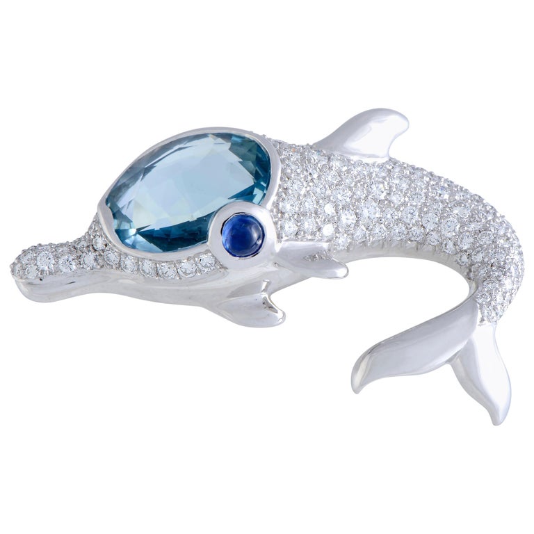 Bulgari White Gold Diamond Pavé, Aquamarine and Sapphire Dolphin Brooch ...