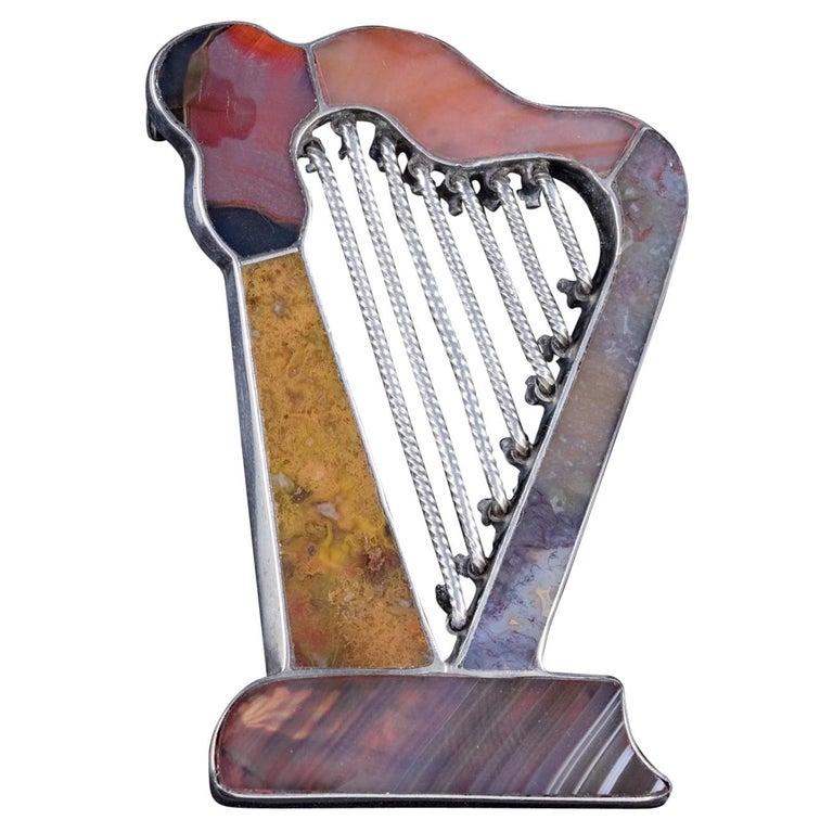 Antique Victorian Scottish Agate Harp Brooch Silver, circa 1860 For ...