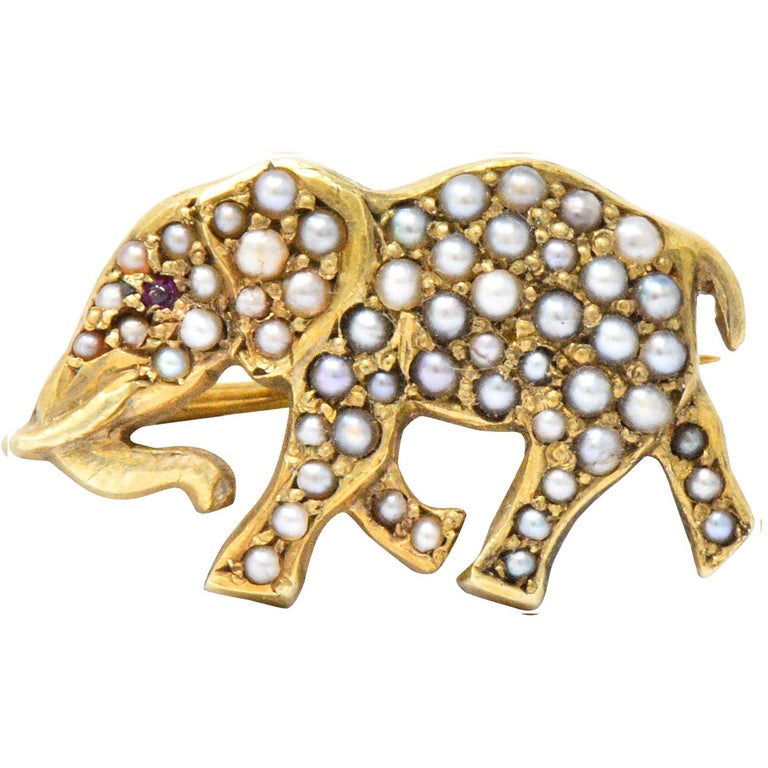 Victorian Seed Pearl Ruby 14 Karat Gold Elephant Pin at 1stDibs