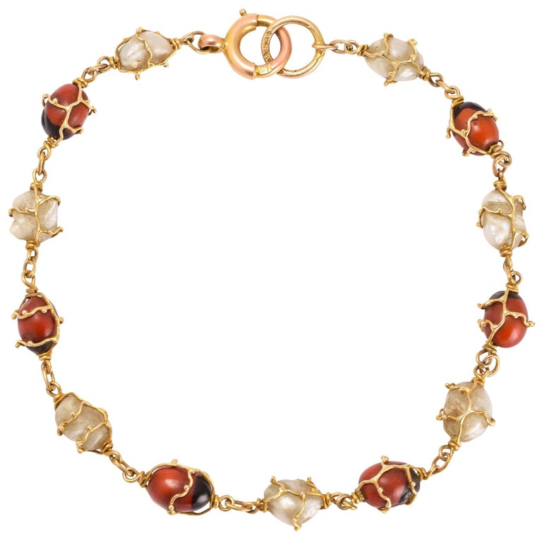 Art Nouveau Murrle Bennett Baroque Pearl Jequirity Bean Gold Bracelet ...